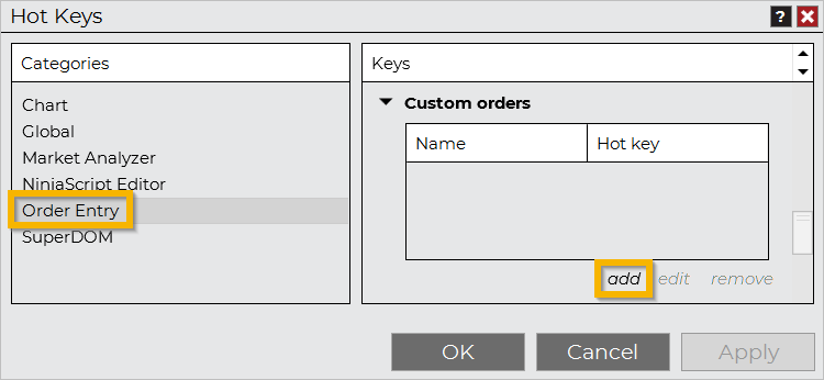 Order Entry Hot Keys - NinjaTrader Desktop