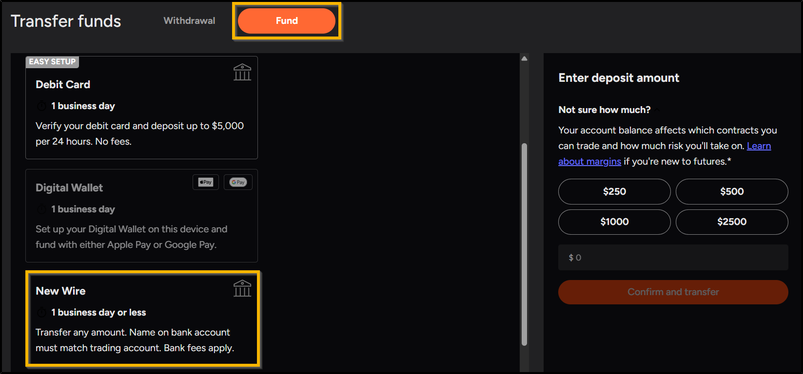 Depositing Funds by Wire Transfer